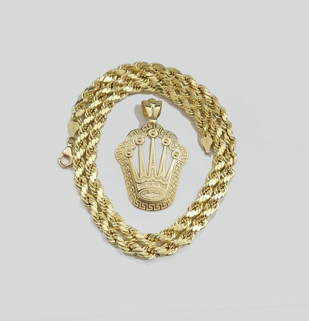 10k Yellow Gold Crown Charm Rope Chain Necklace 7mm 2'' Pendant 10kt ...