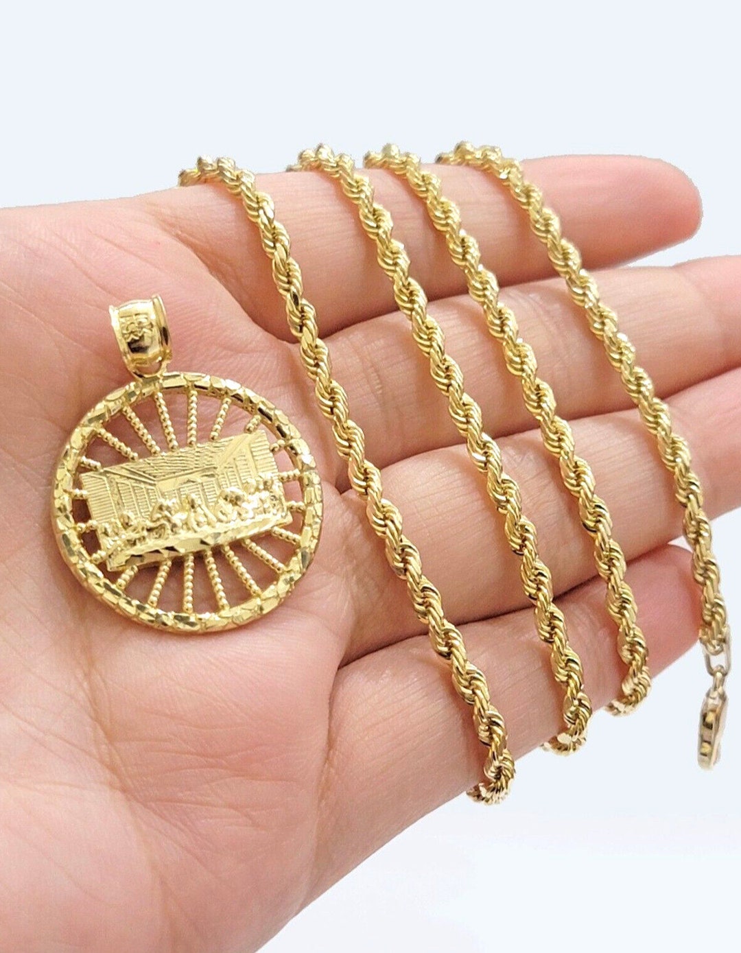 10k Yellow Gold Last Supper Charm Rope Chain 22'' 10kt Circle Pendant ...