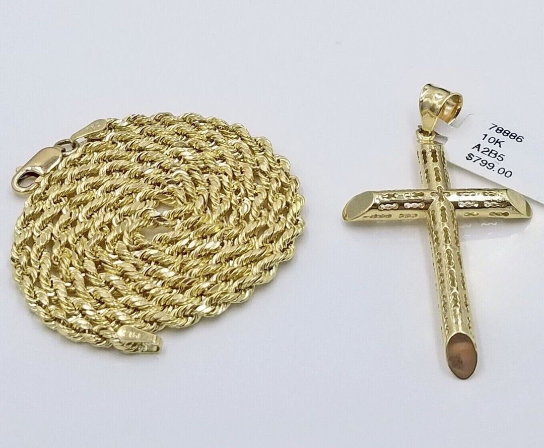 Real 10k Gold Rope Chain Cross Pendant, 3mm Necklace 20" Inch With ...