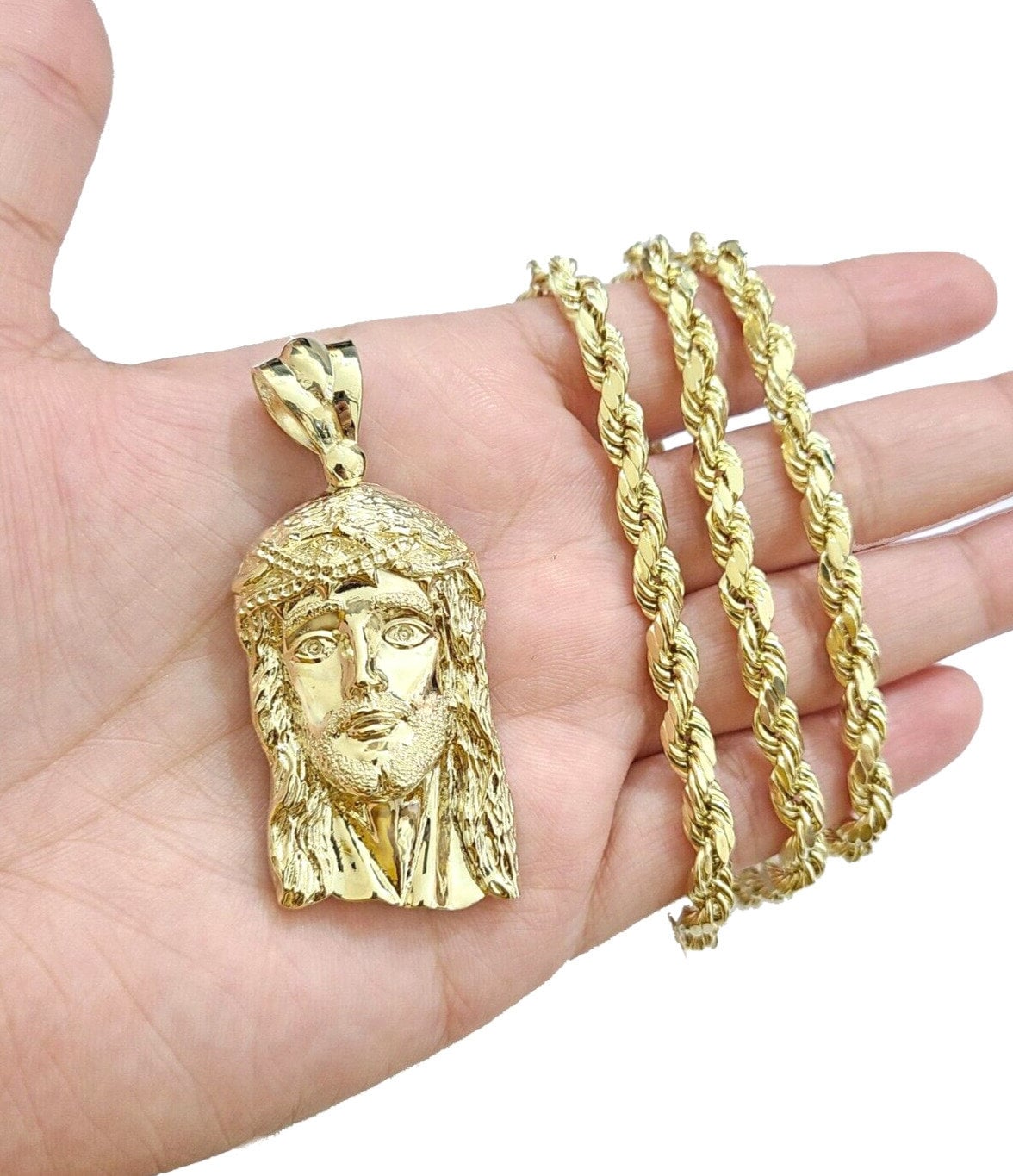 10k Gold Jesus Head Charm Rope Chain Necklace 6mm 18'' Set & Pendant ...