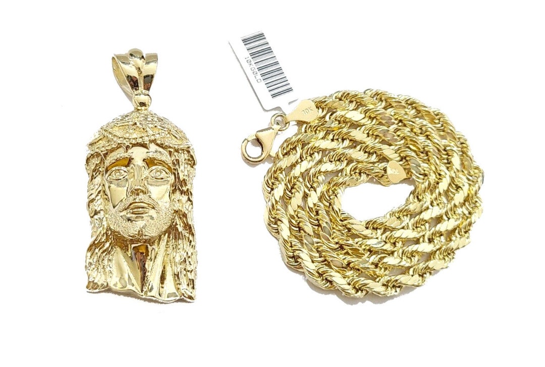 10k Gold Jesus Head Charm Rope Chain Necklace 6mm 18'' Set & Pendant ...