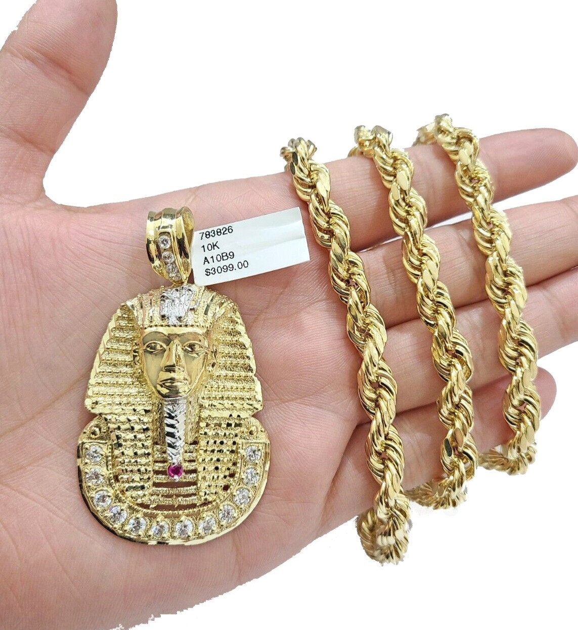 10k Gold Pharaoh Head Charm Rope Chain Necklace 8mm 22'' Set & Pendant ...