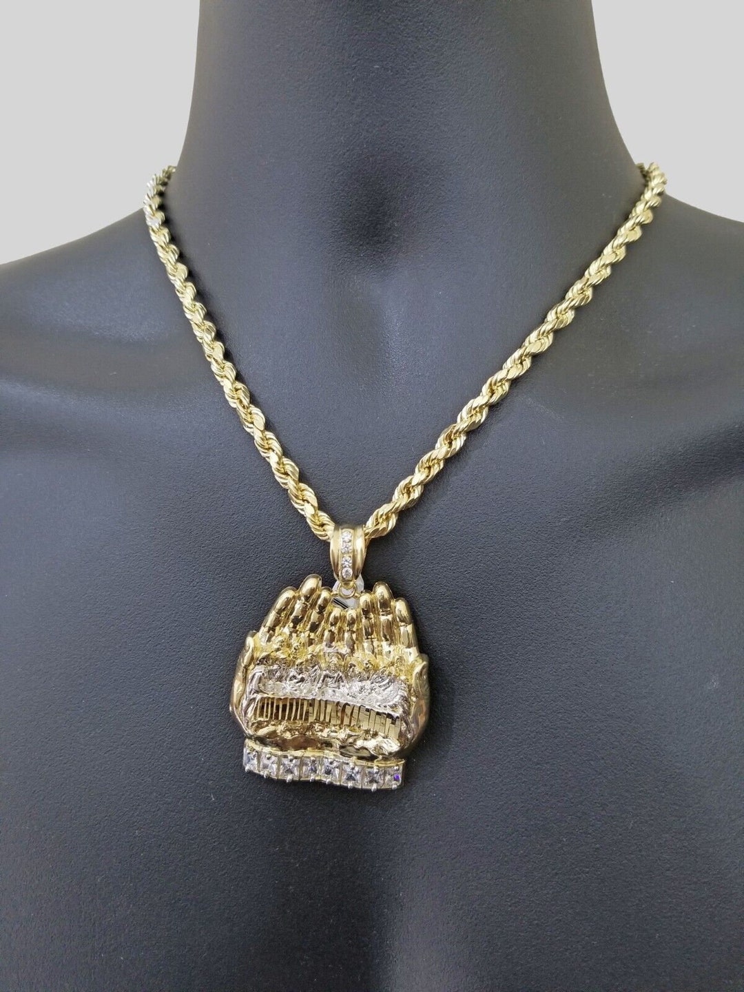 Real 10k Yellow Gold Rope Chain 24" Necklace Praying Hand Last Supper ...