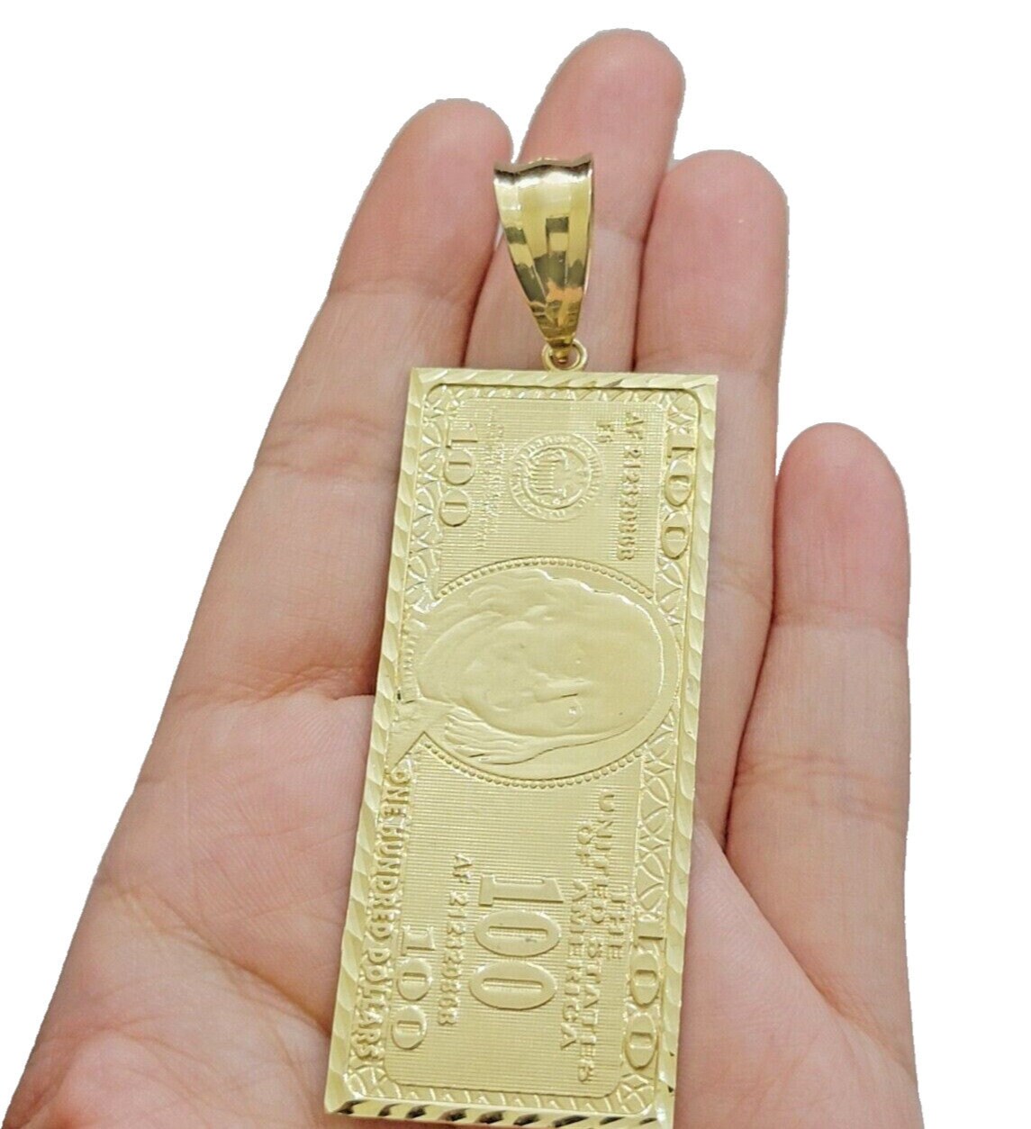 10k Yellow Gold 100 Dollar Bill Charm Pendant 3.5 Inch Necklace Chain ...