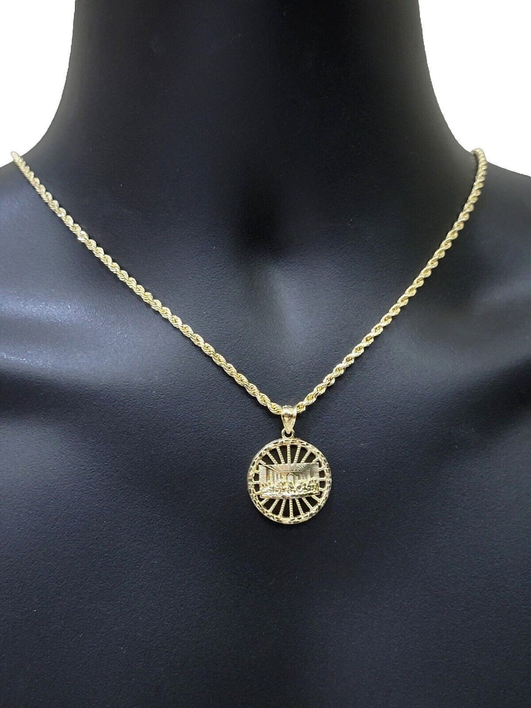Real 10k Gold Rope Chain Last Supper Pendant Set, 24 Inch 3mm Necklace ...