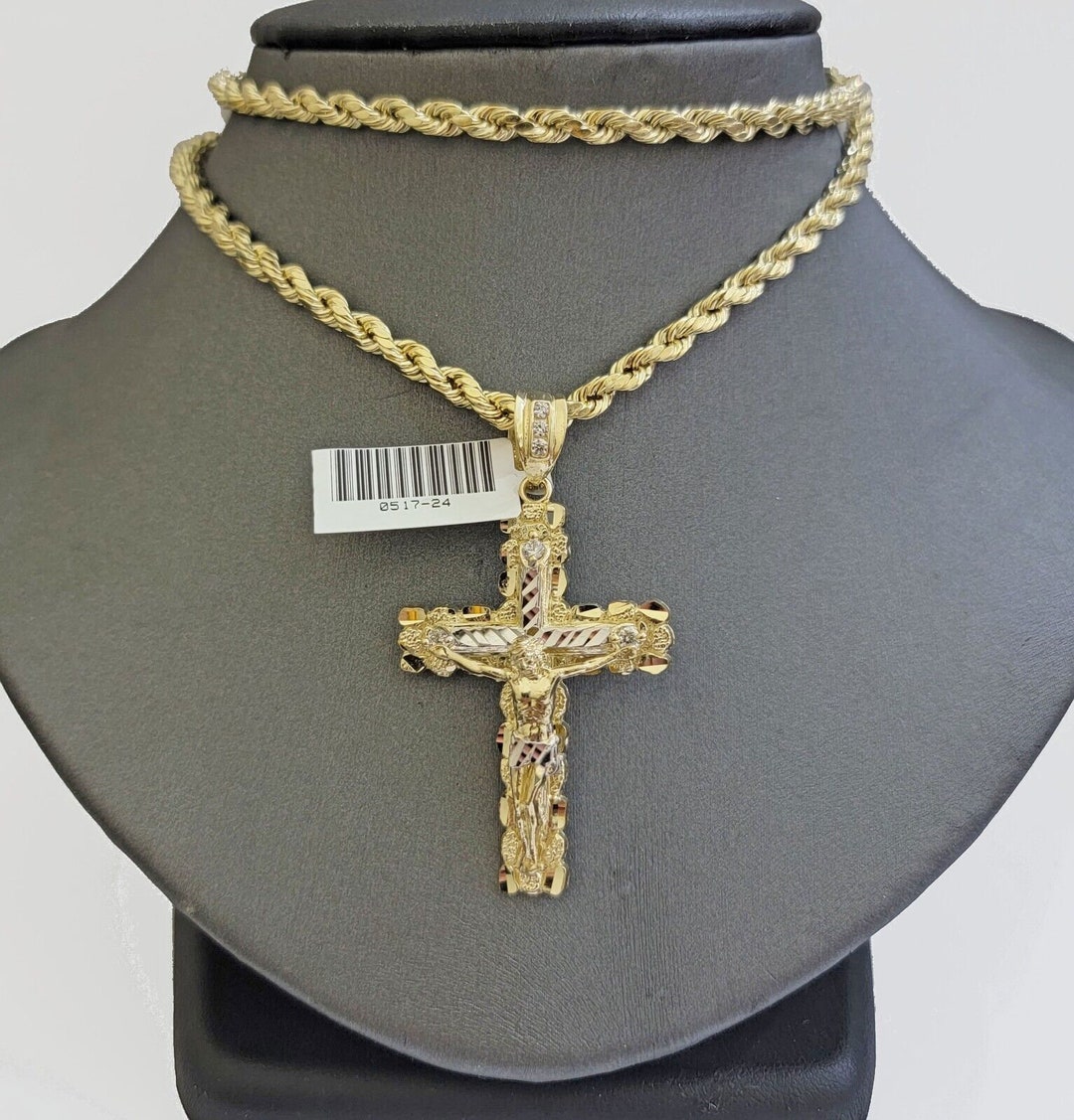Real 10k Gold Rope Chain Jesus Cross Charm SET 4mm 26'' Necklace ...