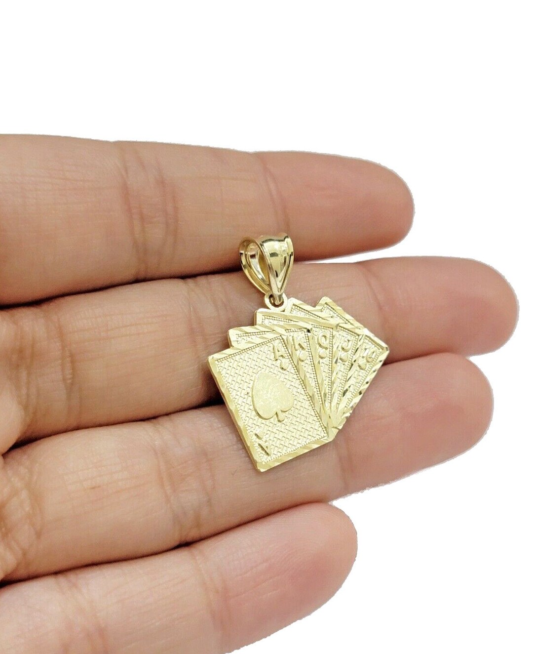 10k Yellow Gold Card Charm Royal Flush Pendant 1'' Necklace Chain SALE ...