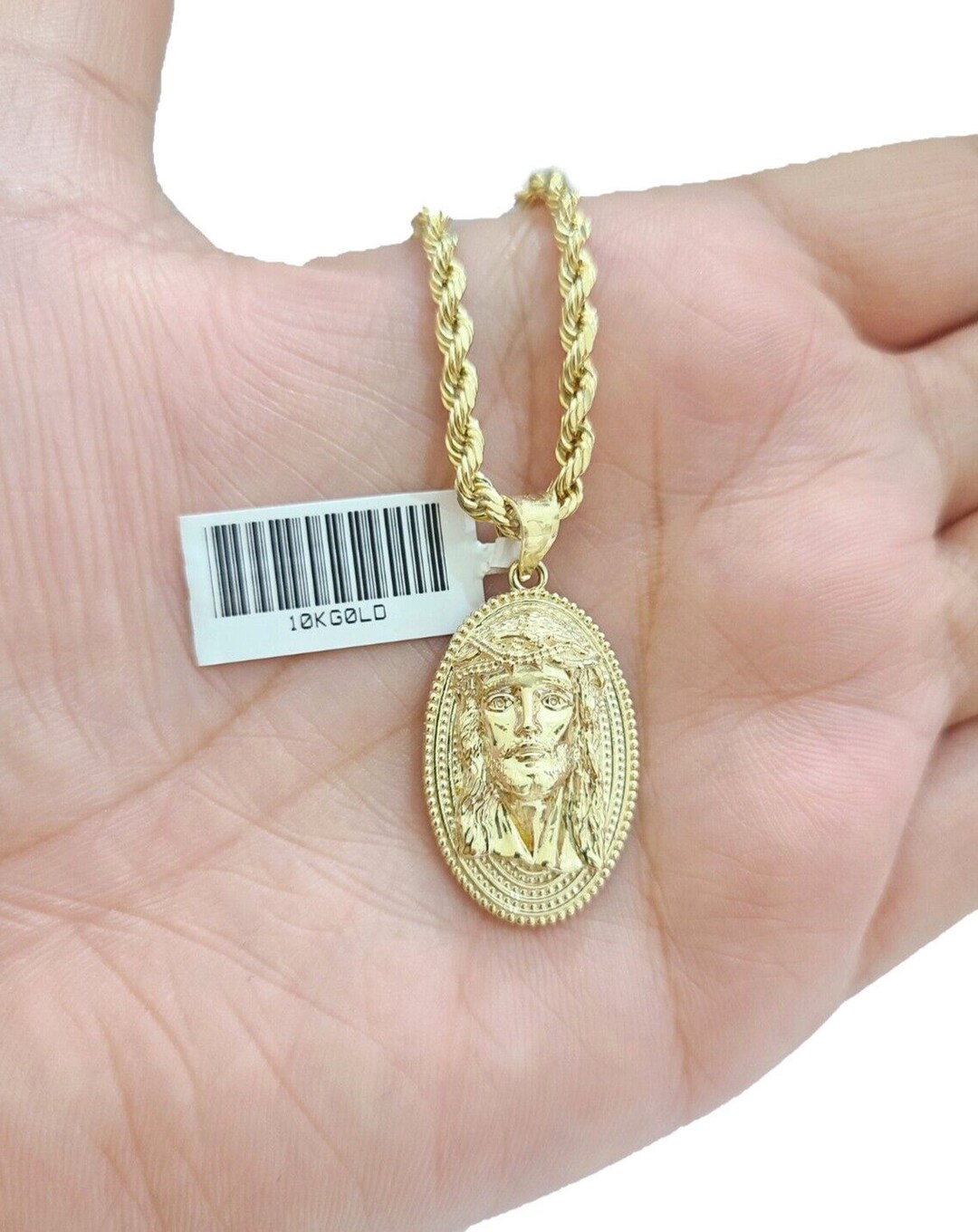 10k Gold Circular Jesus Head Charm Rope Chain Necklace 3mm - Etsy