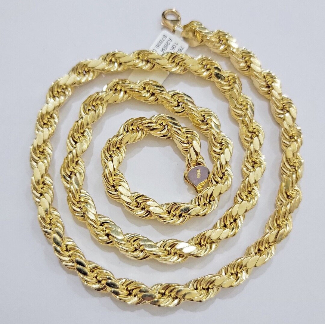 10k Yellow Gold Rope Chain Necklace 22 Inch 8mm Diamond Cuts Men's REAL ...
