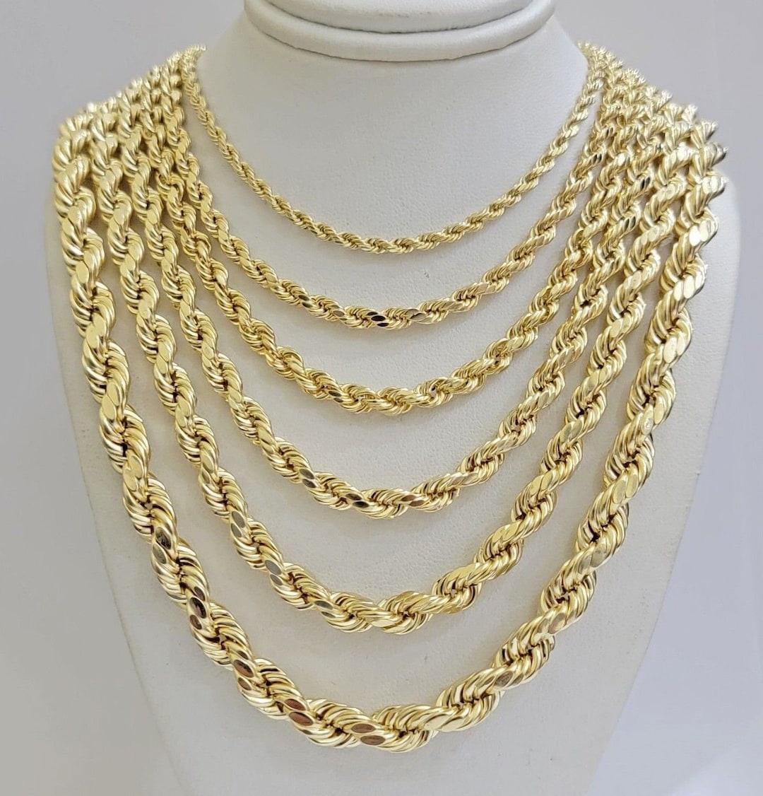Real 10k Gold Rope Chain Necklace 18-30 Inch 3mm to 10mm Diamond Cut ...