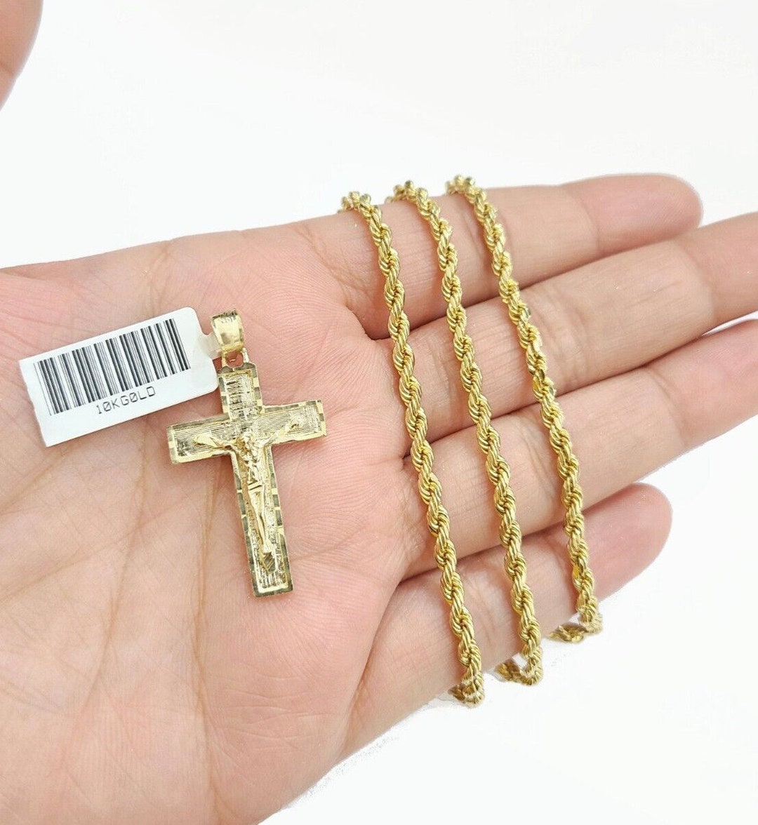 Real 10k Yellow Gold Jesus Cross Charm Rope Chain Necklace 3mm 26 ...