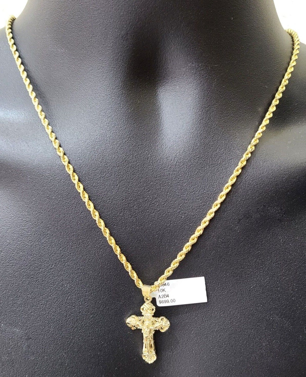 Real 10k Yellow Gold Jesus Cross Charm Rope Chain Necklace 3mm - Etsy
