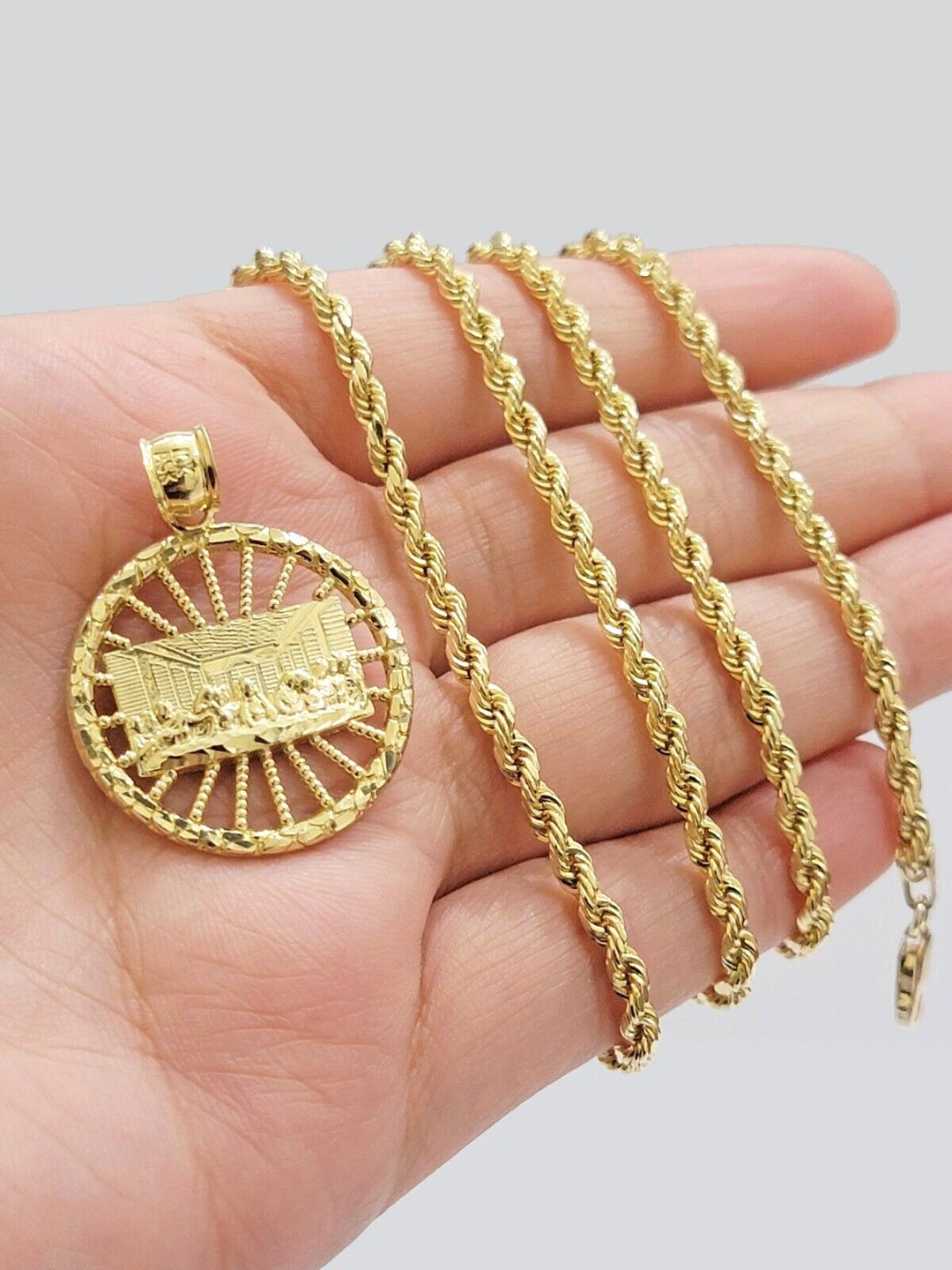 Real 10k Gold Rope Chain Last Supper Pendant Set, 28 Inch 3mm Necklace ...