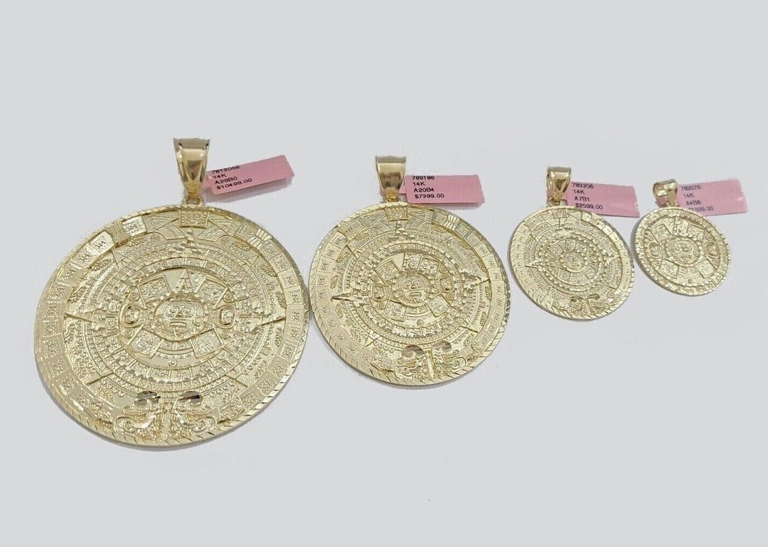 Real 14K Yellow Gold Aztec Calendar Charm Solid Pendant for Chain 14KT ...
