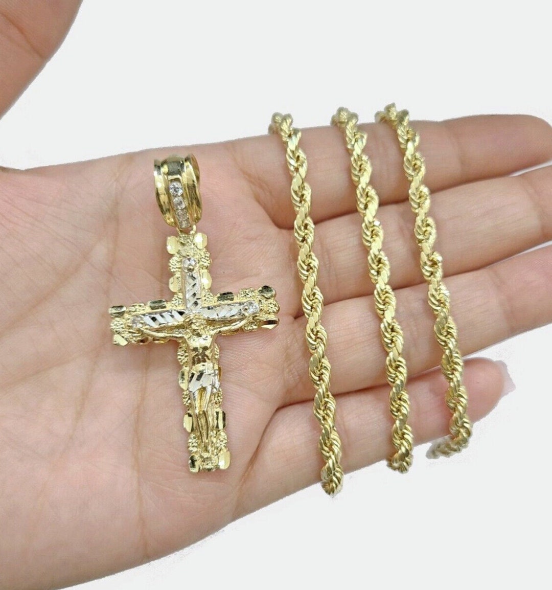 Real 10k Yellow Gold Cross Charm Rope Chain 4mm 28'' Necklace Pendant ...