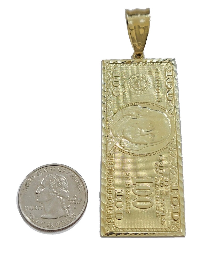 10k Yellow Gold 100 Dollar Bill Charm Pendant 3.5 Inch Necklace Chain ...