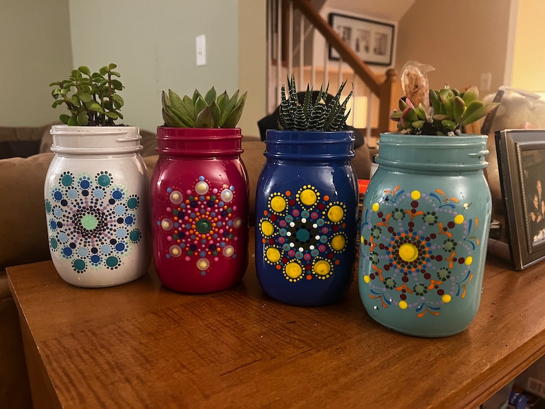 Customized Mandala Acrylic Painted Mason Jars With 2" Succulent - Etsy