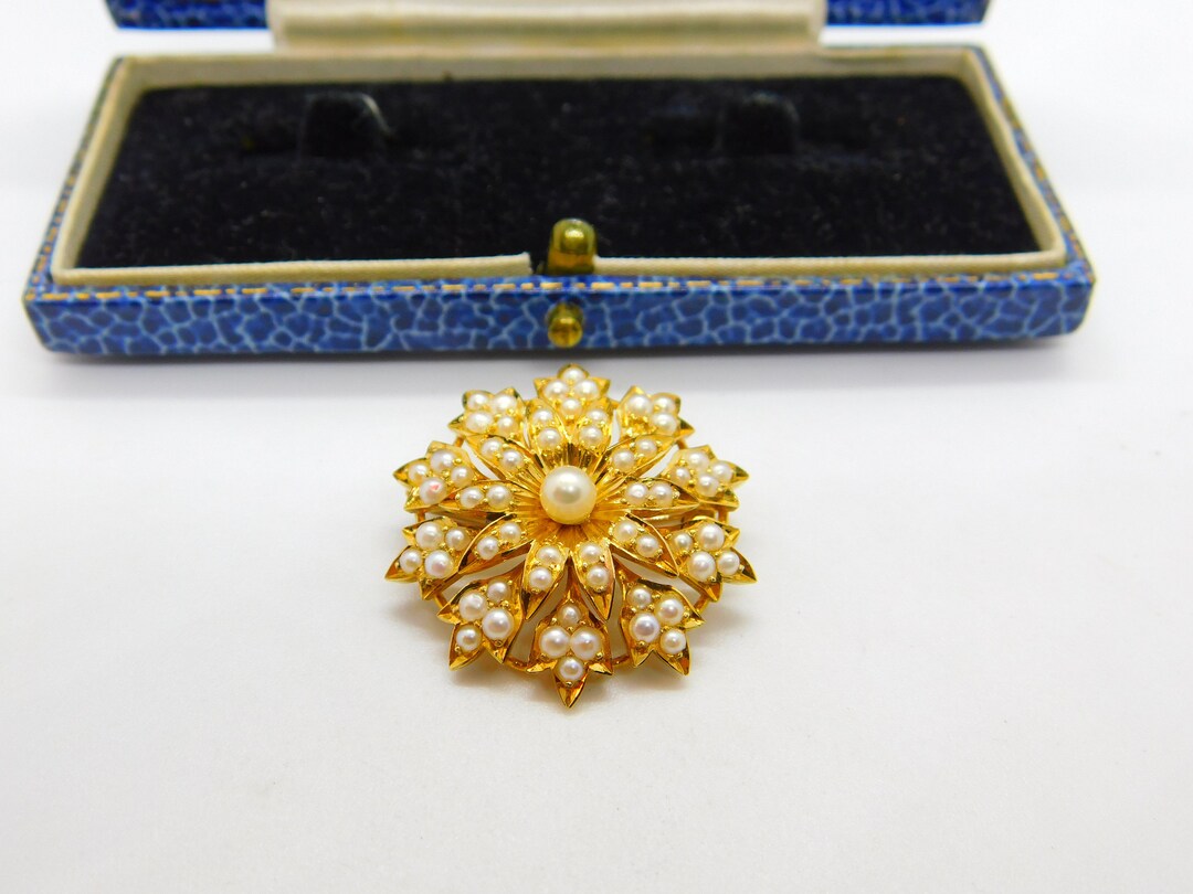 Victorian 18ct Yellow Gold & Seed Pearl Spring Flower Pendant or Brooch ...
