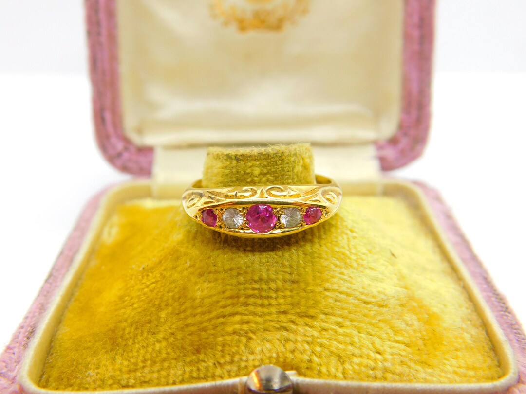 Victorian 18ct Yellow Gold, Ruby & White Spinel Boat Ring 1872 Antique ...