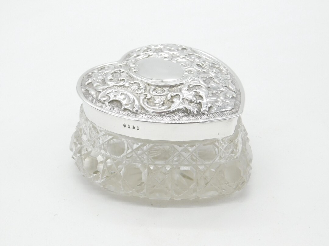 Edwardian Sterling Silver & Cut Glass Heart Shaped Trinket Pot 1904 ...