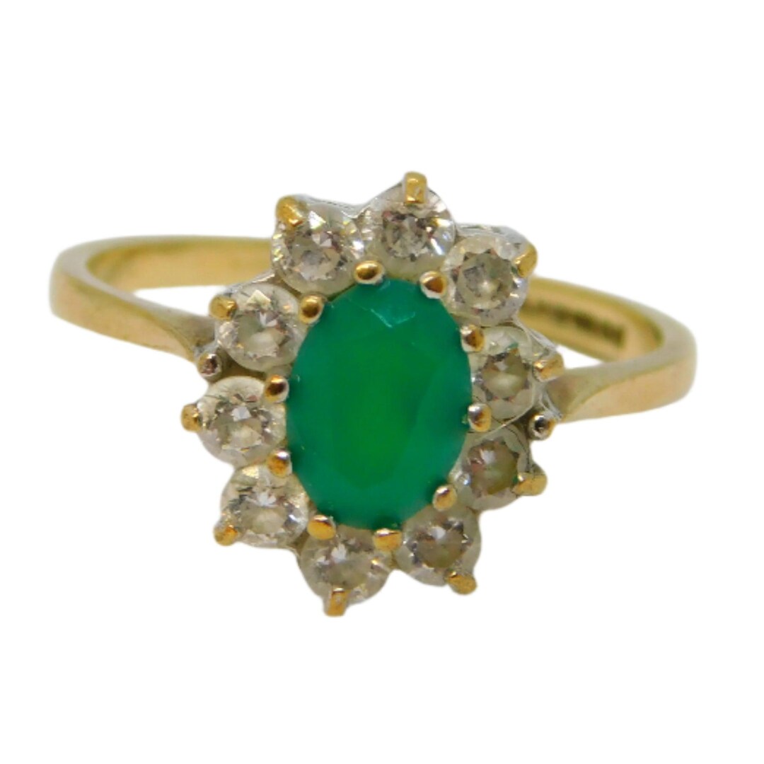 9ct Yellow Gold, Emerald & Spinel Floral Cluster Ring Vintage 1988 ...