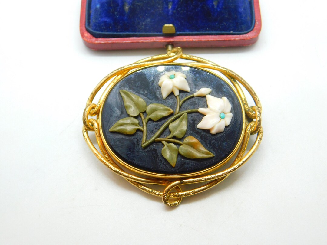 Large Pinchbeck Gold Victorian Pietra Dura Floral Brooch Antique C1860 ...
