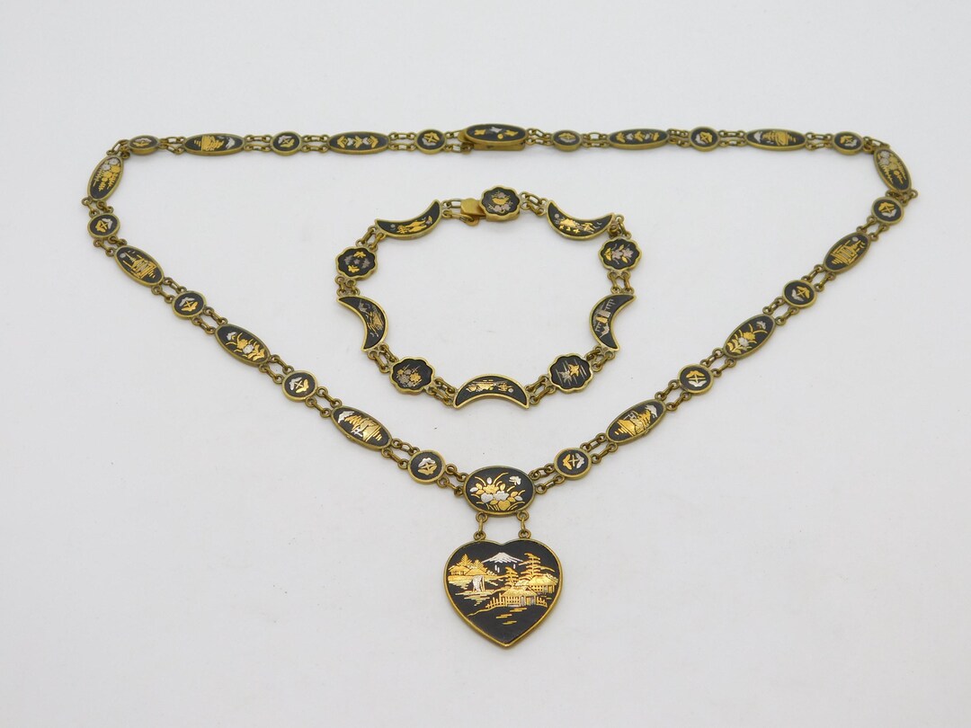 Japanese 24k Gold Shakudo Inlay Gilt Metal Necklace Bracelet Suite ...