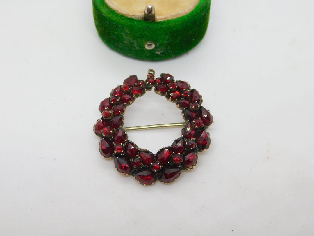 Austrian 8ct Gold Bohemian Garnet Set Floral Wreath Brooch Antique ...