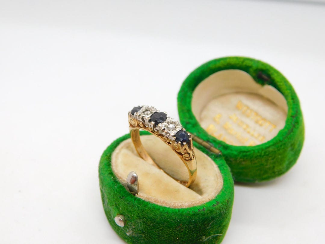 9ct Yellow Gold, Sapphire & Diamond Boat Ring Vintage 1982 Edinburgh - Etsy