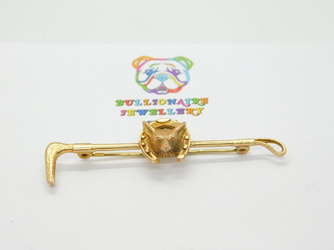 9ct Gold Fox Mask, Crop & Horseshoe Stock Pin Brooch Antique C1920 Art ...