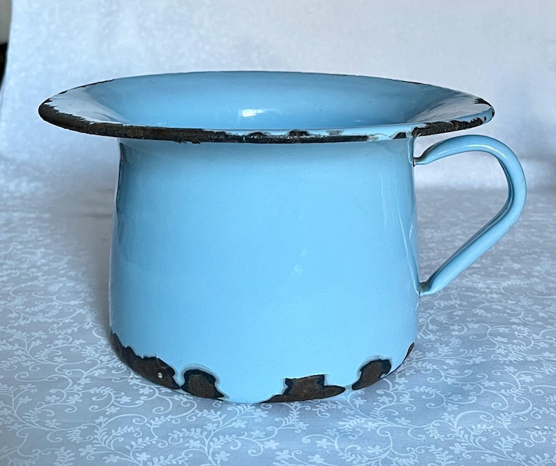 Small Blue Metal and Enamel Child’s Chamber Pot MCM Bath Garden Decor ...