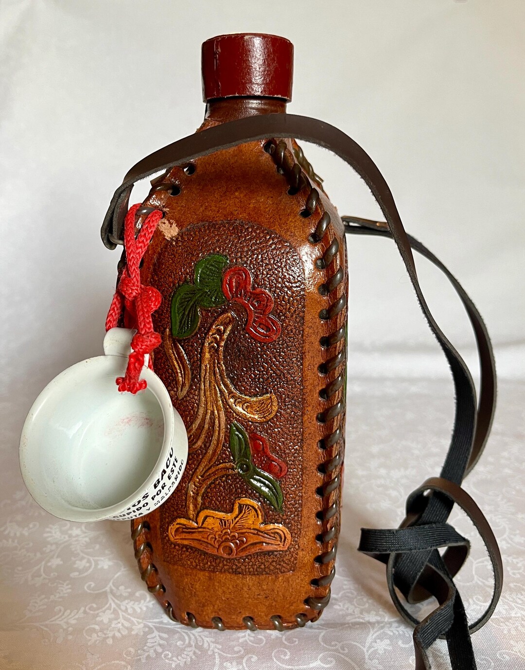 Leather Wrapped Glass Flask With Carrying Strap and Tin Sipping Cup ...