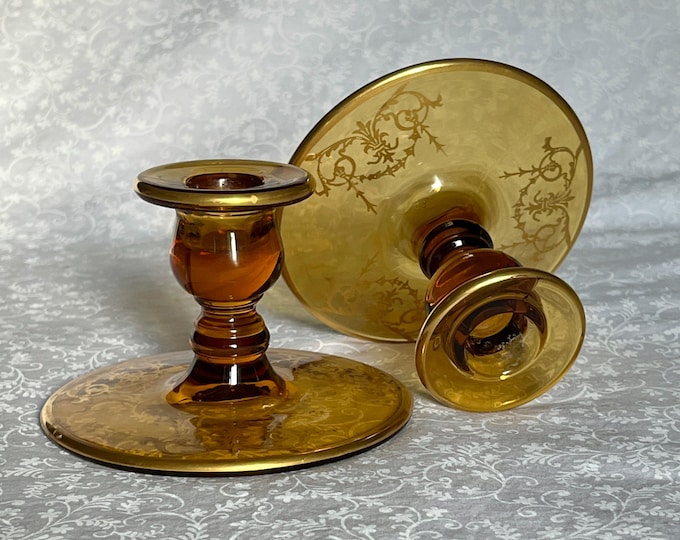 MCM Amber Candlestick Holders Gold Tone Accents Taper Vintage - Etsy