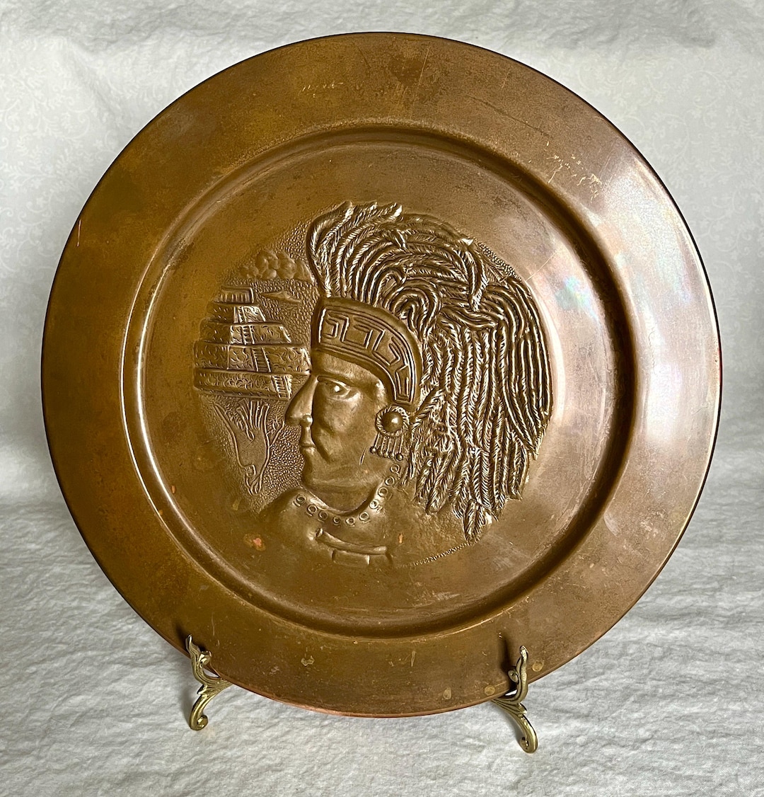 Vintage Mexican Copper Plate Featuring Embossed Design Aztec Mayan Man ...