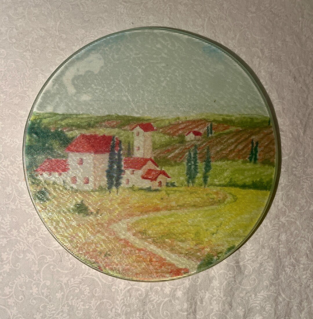 Glass 8” Round Footed Trivet Plate Cutting Board Tuscany Italy Country ...