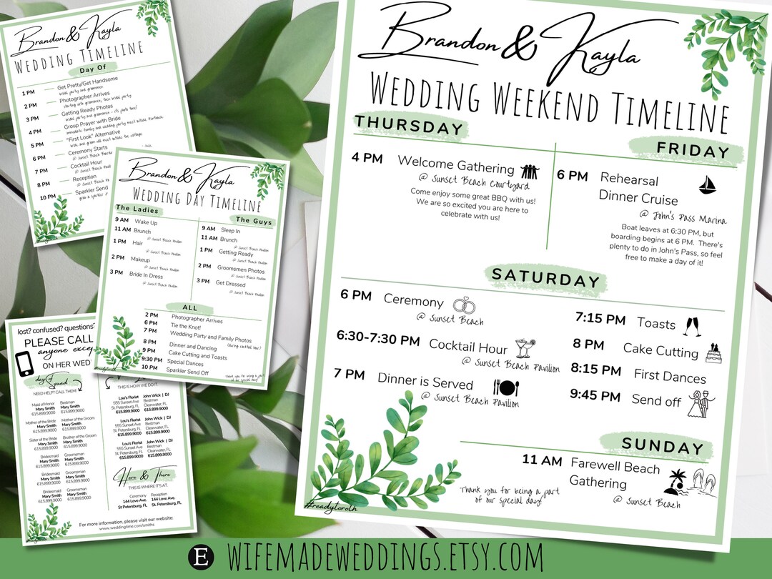 Wedding Weekend Timeline Templates Bundle - Greenery - Etsy