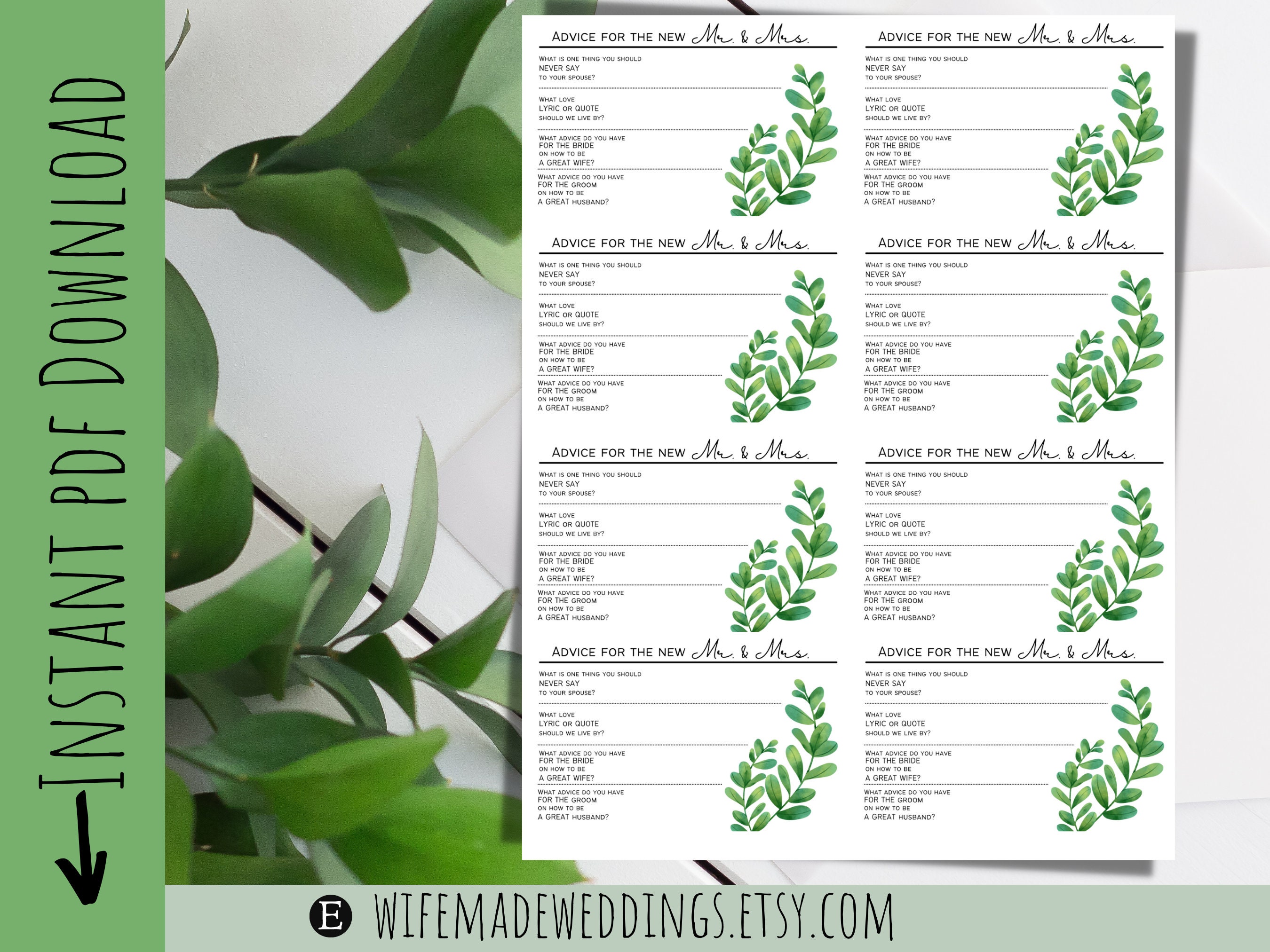 Greenery Wedding Advice Cards - Printable PDF Download With Bonus Sign ...