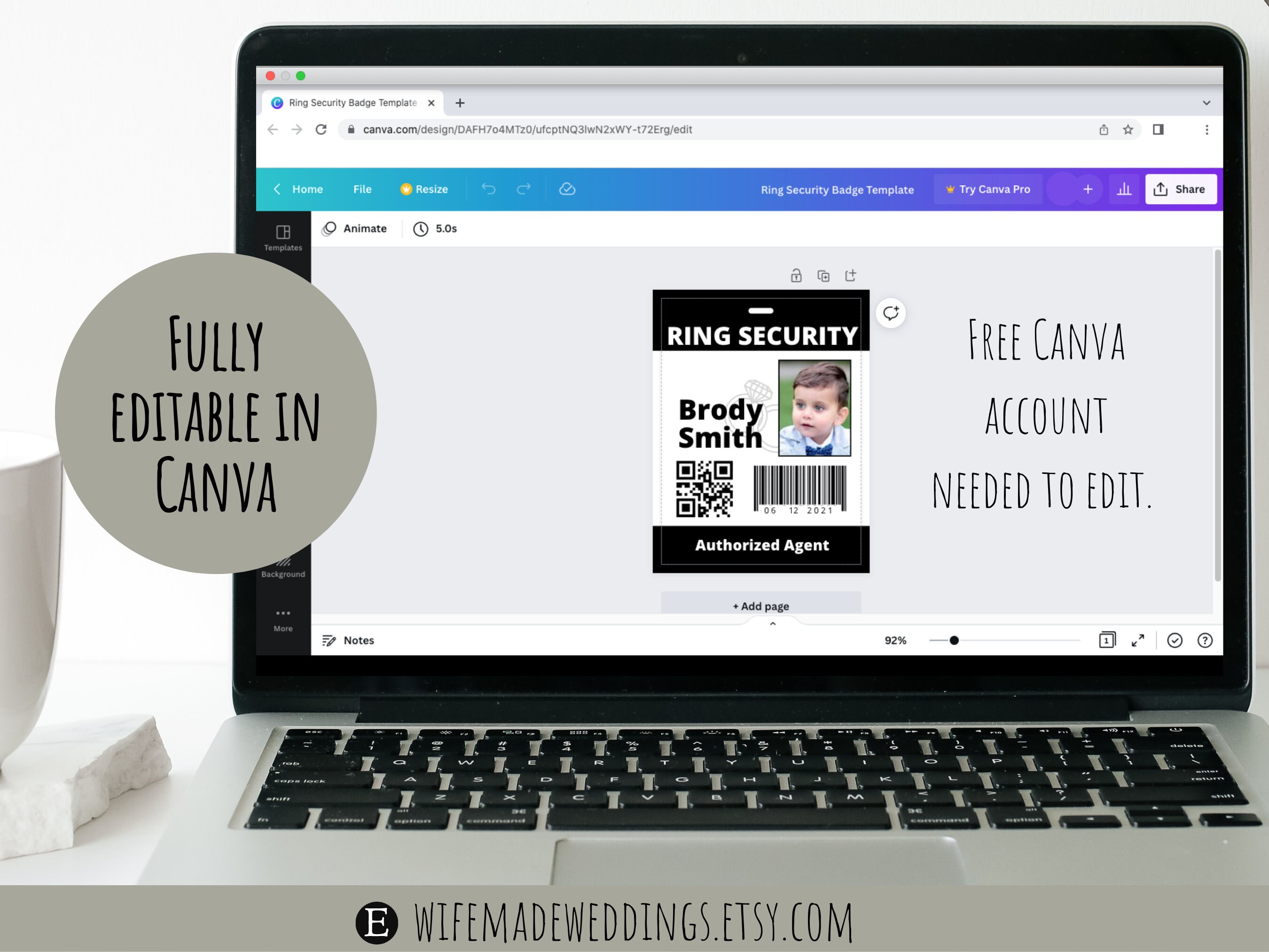 Ring Security/ring Bearer Id Badge CANVA TEMPLATE for Wedding With ...