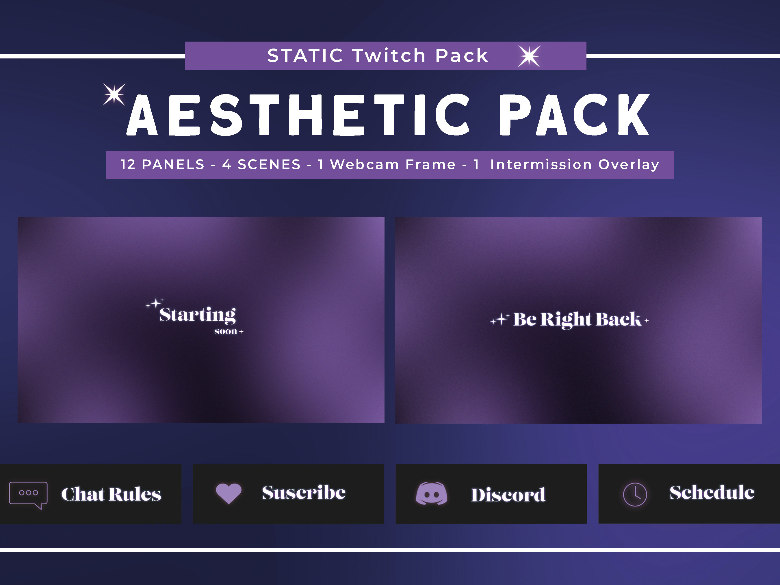 Aesthetic STATIC Twitch Pack Dreamy Purple Streamer Package 1 Overlays, 4 Scenes, 12 Panels, 1 ...