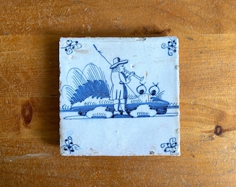 Antique 17th Century Blue and White Dutch Delft Tile With a Flamboyant ...