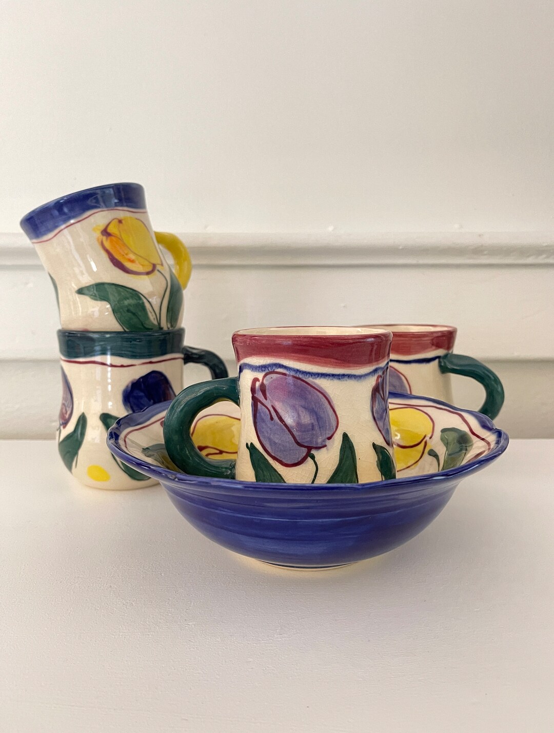 Vintage Handmade Studio Pottery Tulip Mugs & Bowl Set - Etsy