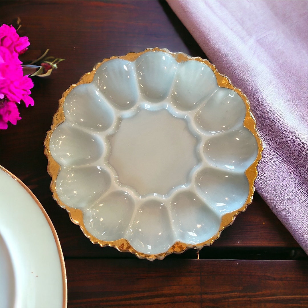 Vintage Anchor Hocking Blue Milk Glass Deviled Egg Plate Gold Trim ...