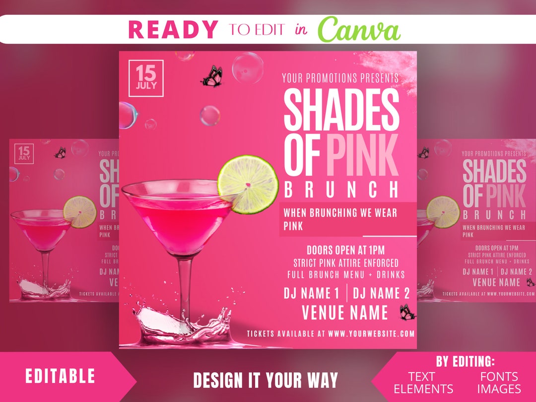 Editable Flyer Template, Shades of Pink Brunch Party, Day Party, Club ...