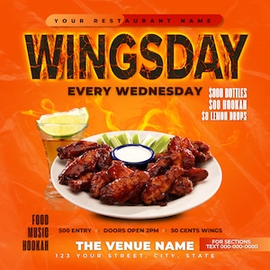 Editable Flyer Template, Wings on Wednesdays, Bar and Grill, Lounge ...