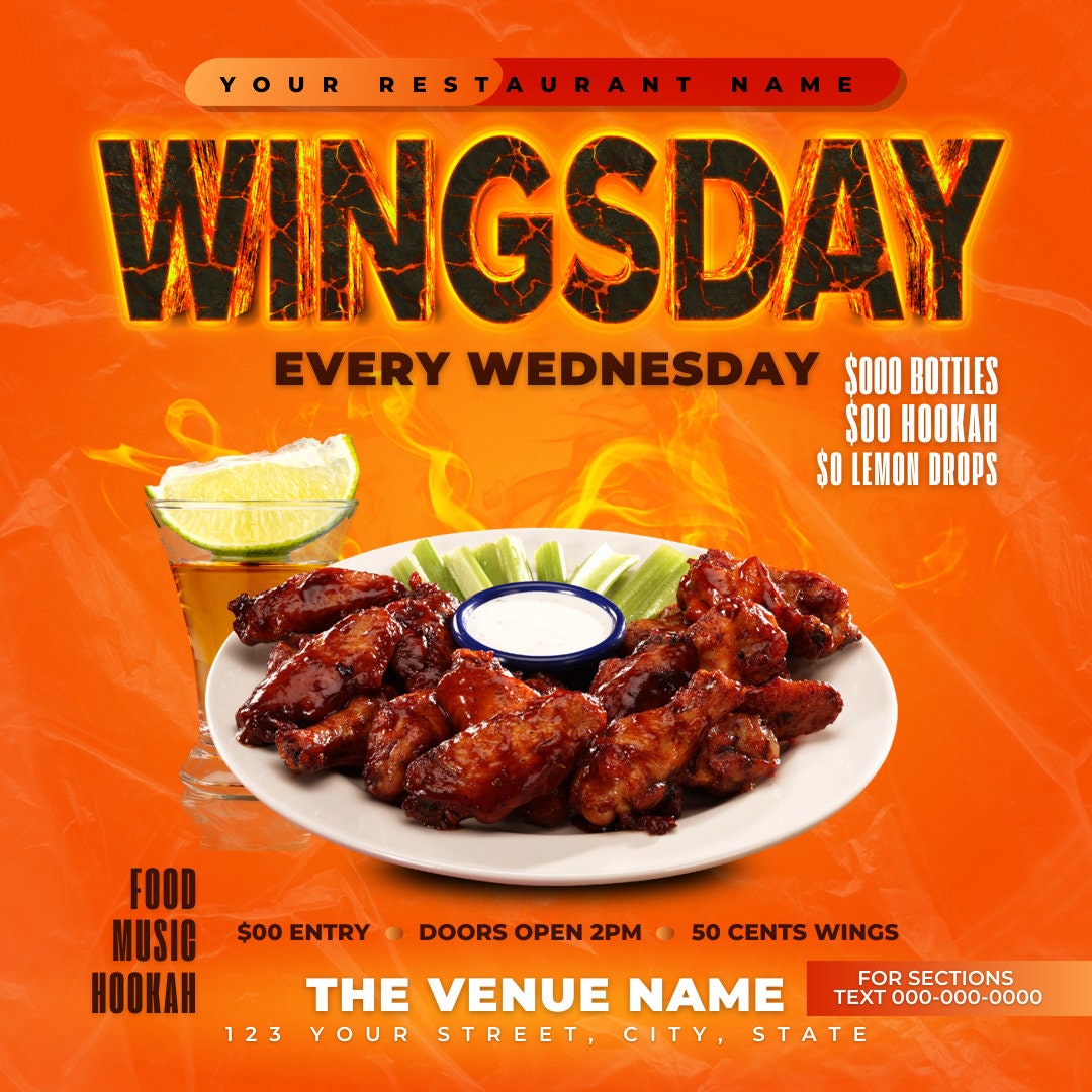 Editable Flyer Template, Wings on Wednesdays, Bar and Grill, Lounge ...