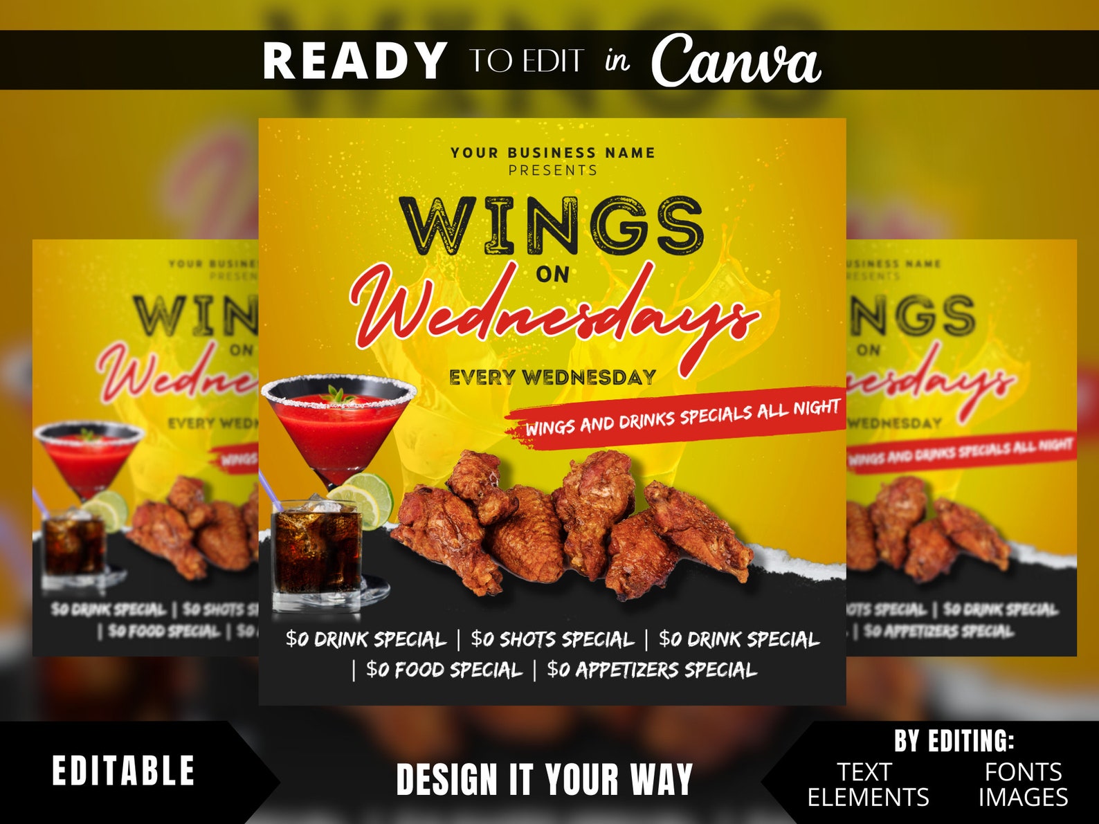 Editable Flyer Template, Wings on Wednesdays, Bar and Grill, Lounge ...