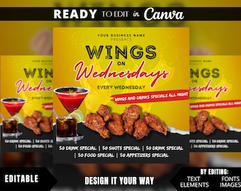 Editable Flyer Template, Wings on Wednesdays, Bar and Grill, Lounge ...