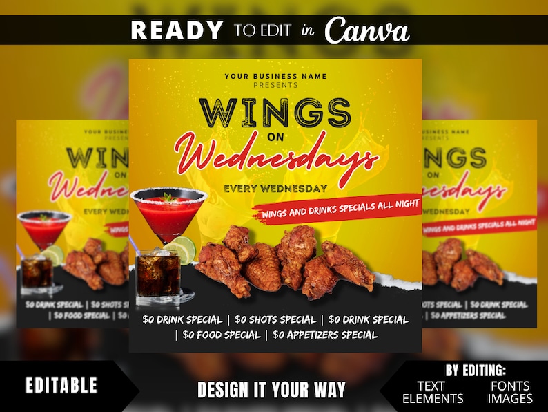 Editable Flyer Template, Wings on Wednesdays, Bar and Grill, Lounge ...