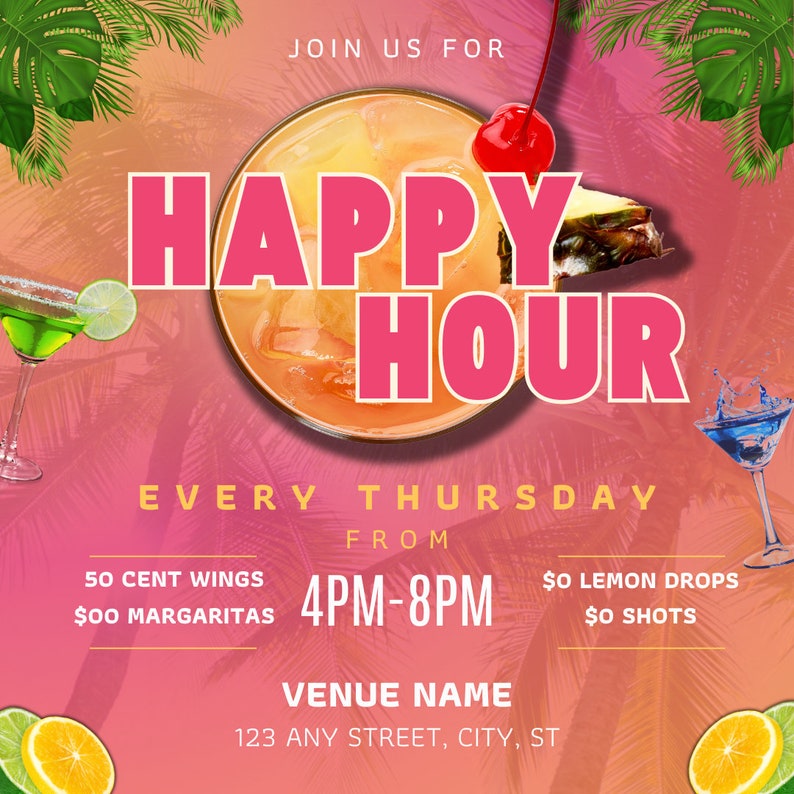 Editable Flyer Template, Sunset Happy Hour Flyer, Bar and Grill ...