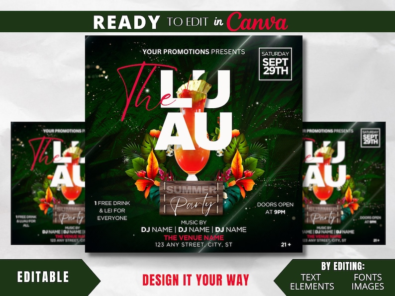 Editable Flyer Template, Luau Party, Tropical Party, Summer Party, Club ...